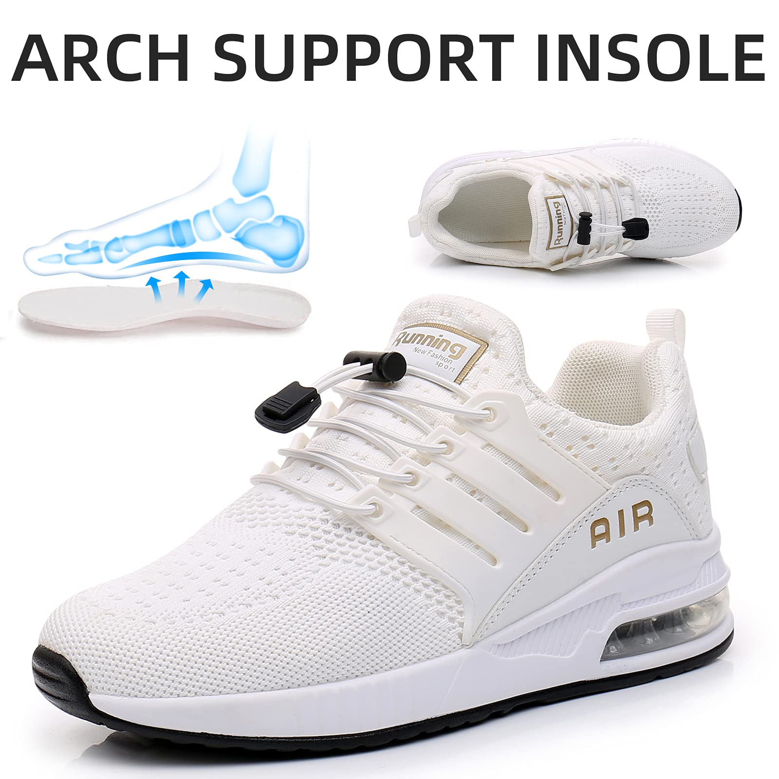 BOGOVER Womens Lightweight Air Running Shoes, Breathable Gym Jogging Running Tennis Sneakers with Air Cushion,No Tie (White, 8.5)