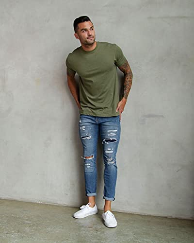 INTO THE AM Premium Mens Fitted Crew Neck Essential Tee Shirt Modern Fit Fresh Classic (Olive Green, X-Large, Short Sleeve)