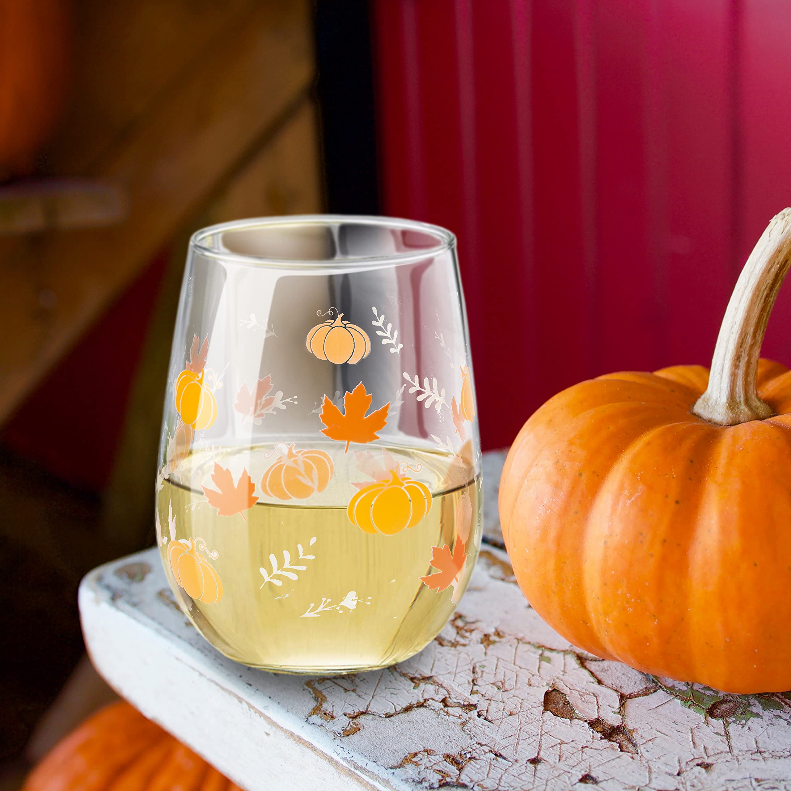 C.R. Gibson QWG2O-24065 Fall Leaves and Pumpkins Acrylic Stemless Wineglass for Thanksgiving and Friendsgiving, 12 fl. Oz.