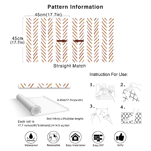 HAOKHOME 96101-3 Boho Peel and Stick Wallpaper Brush Strokes Stripes Removable Terracotta/White Chevron Vinyl Self Adhesive Mural 17.7in x 9.8ft