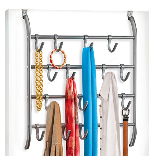 Lynk® Over Door or Wall Mount 16 Hook Rack - Shirt, Belt, Hat, Coat, Towel, Purse, Bra Organizer - Platinum