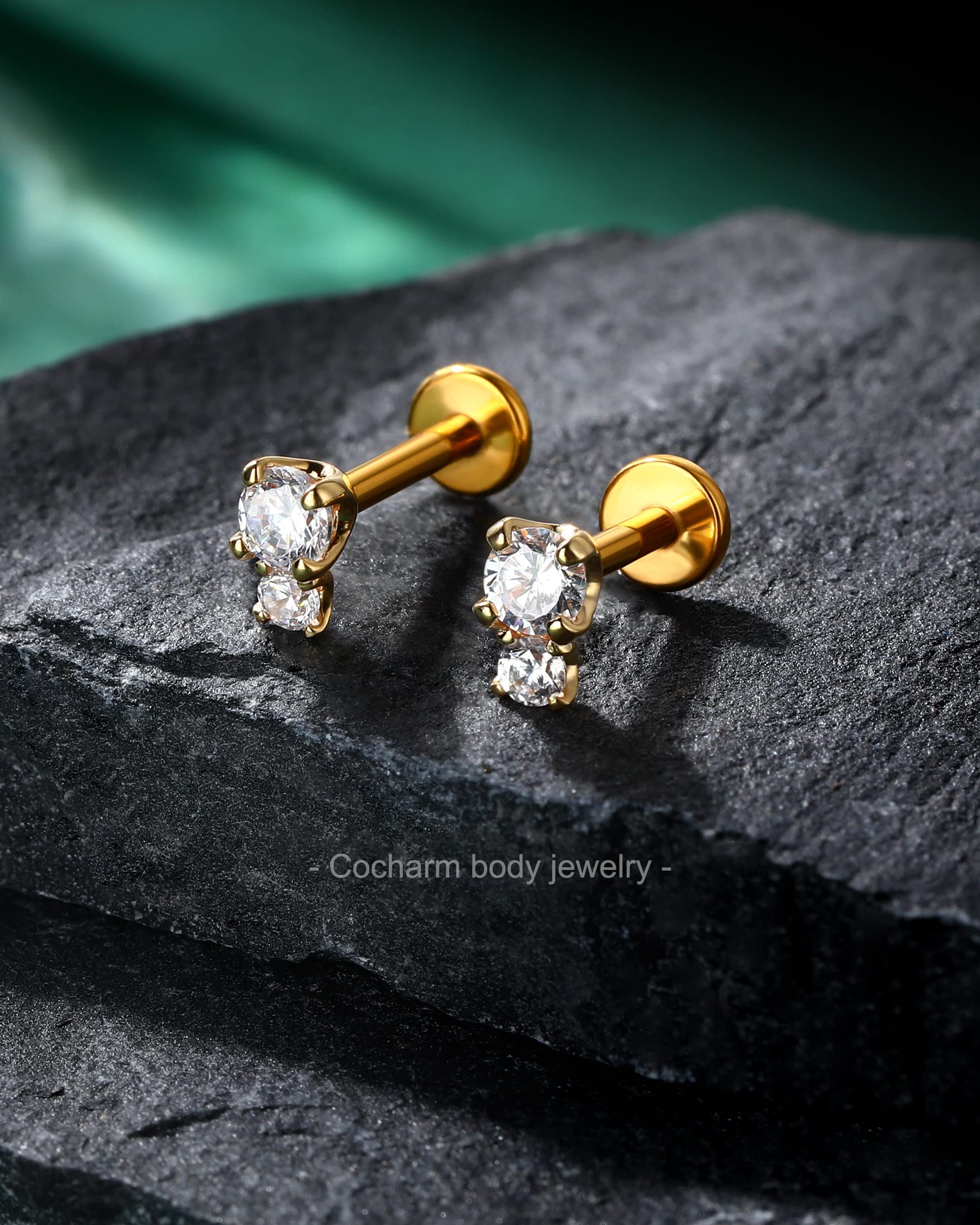COCHARM 14K Gold Cartilage Earring Stud Yellow Gold 16g Flat Back Cartilage Earrings 14K Solid Gold Push in Cartilage Piercing Threadless Labret Stud Gold Medusa Studs