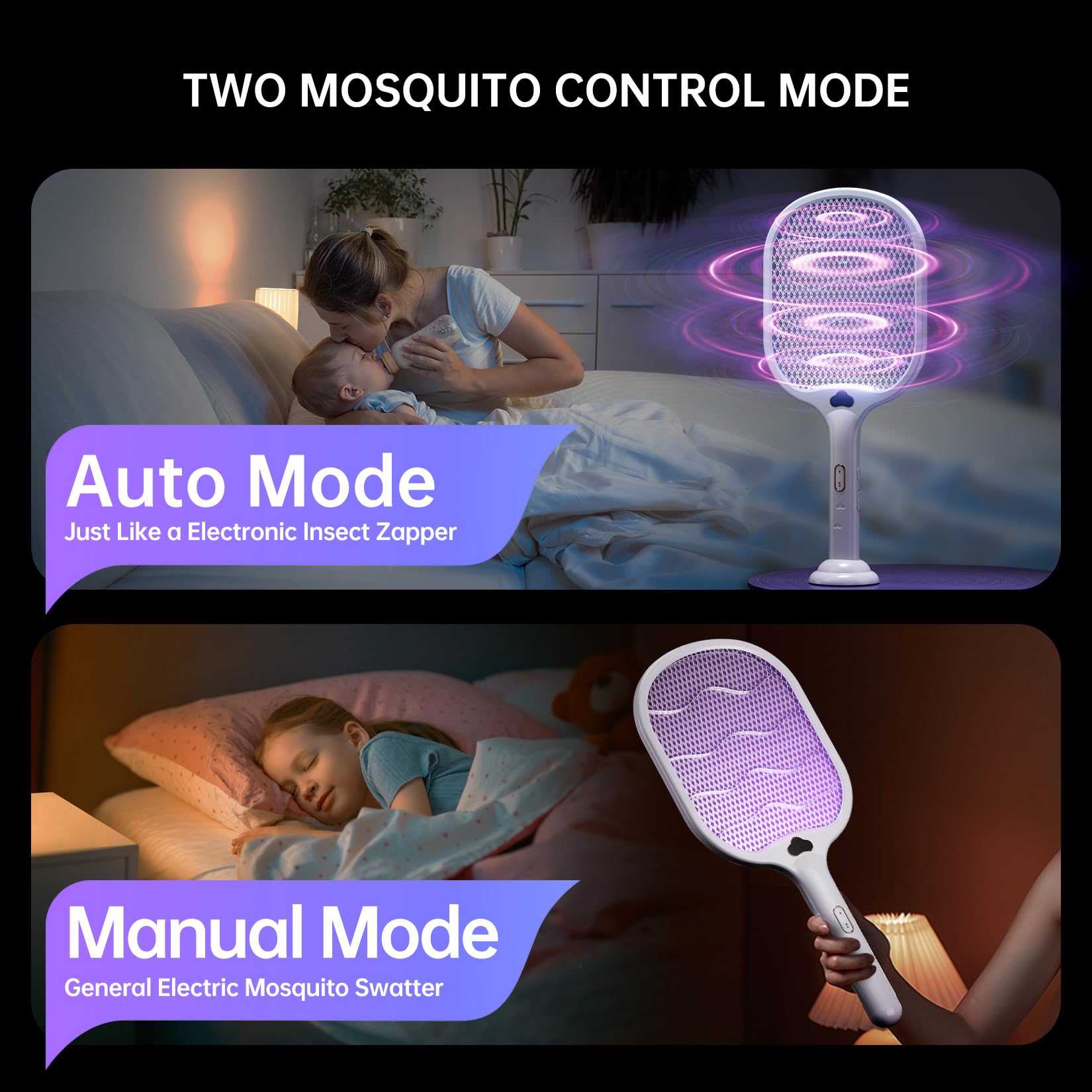 Electric Fly Swatter Racket 3500V buzzkick Bug Zapper Racket Dual Modes Mosquito Killer with Purple Mosquito Light Rechargeable for Indoor Home Office Backyard Patio Camping