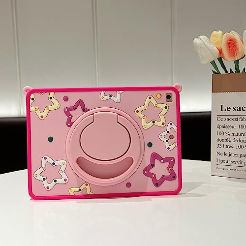 Premium Cute Soft Silicone Pink Star Colorful Kawaii Pattern Tablet Case with Built-in Foldable Kickstand and Lanyard Shockproof Cover Case for iPad Air 2019/ Pro 10.5"