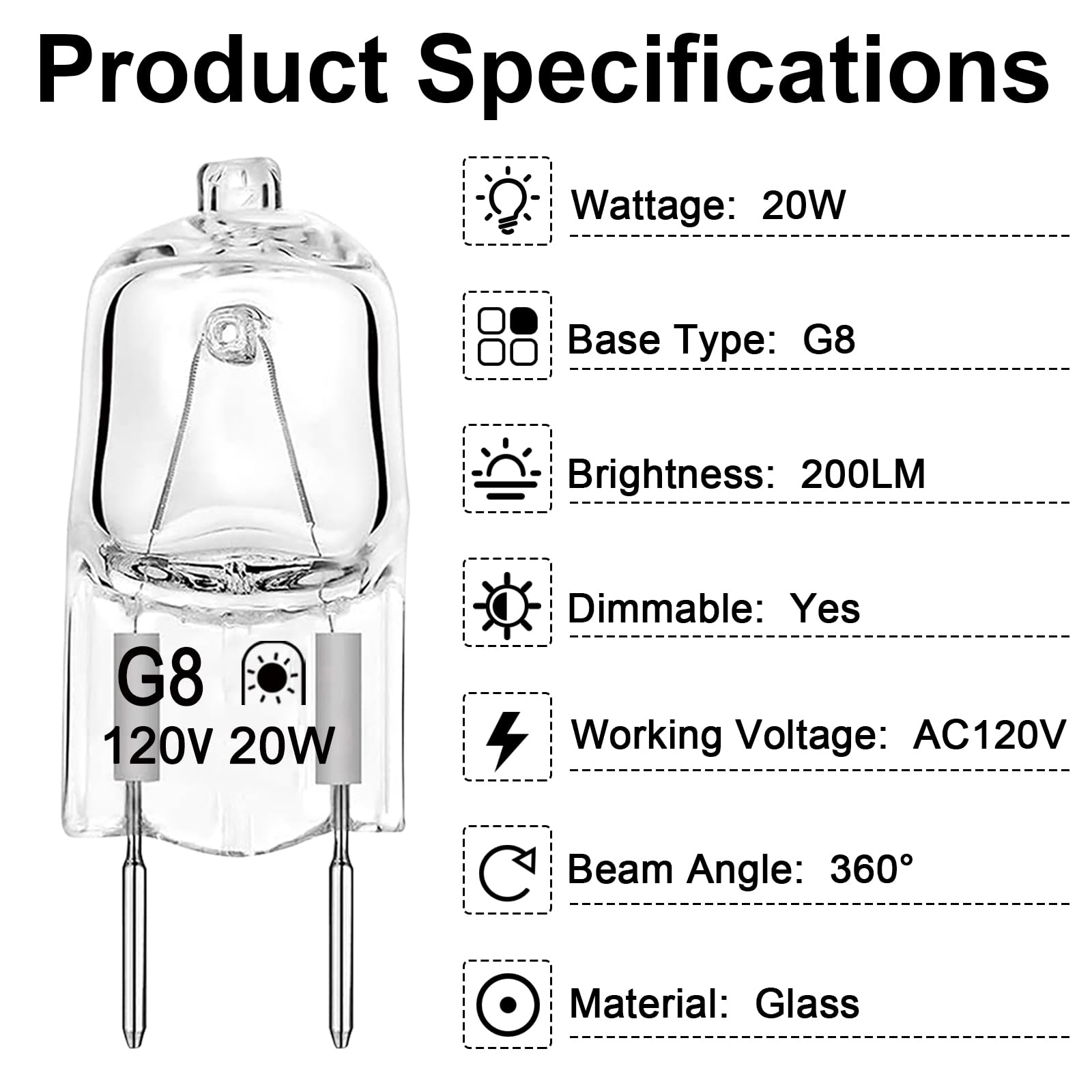 Gaormii G8 Halogen Light Bulbs 20W 120V Xenon Under Cabinet Puck Lighting Replacements G8 Base 2Pin T4 JCD Type Dimmable 2700K Warm White (Pack of 12)