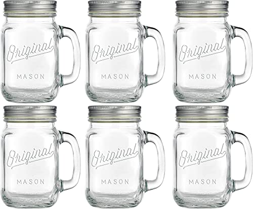Glaver's Mason Jar 16 Oz. Glass Mugs with Handle and Lid Set Of 6 Old Fashioned Drinking Glass Bottles Original Mason Jar Pint Sized Cup Set.