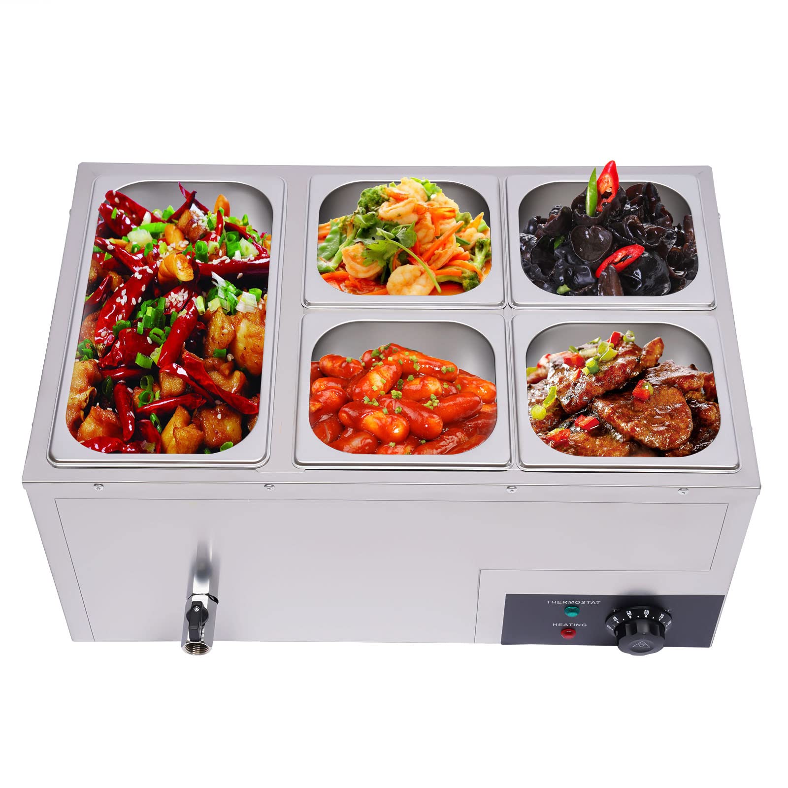 Electric Bain Marie, 600W 5-Pan Commercial Portable Steam Table Food Warmer, 20Qt Stainless Steel Canteen Buffet Warmer Electric Food Warmers and Servers for Parties, Buffets, Hotels