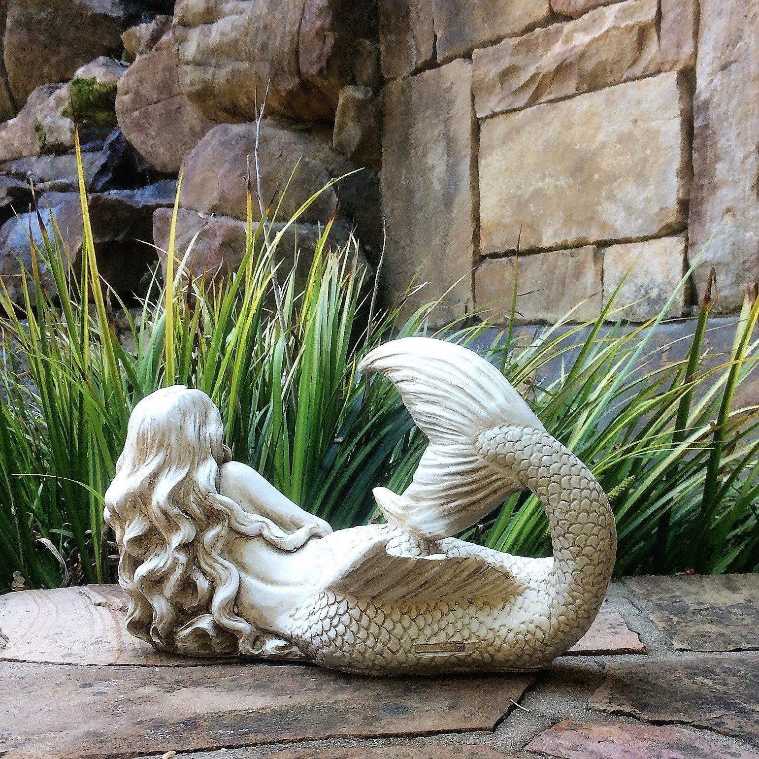 Life's A Beach 97035 Mermaid On Her Side with Table Top Base Antique White Finish Beach and Pool Figurine Statue
