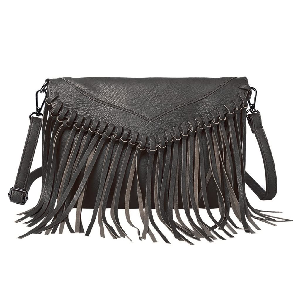 Boho Women's PU Leather Hobo Fringe Crossbody Tassel Purse Vintage Small Handbag (Black)