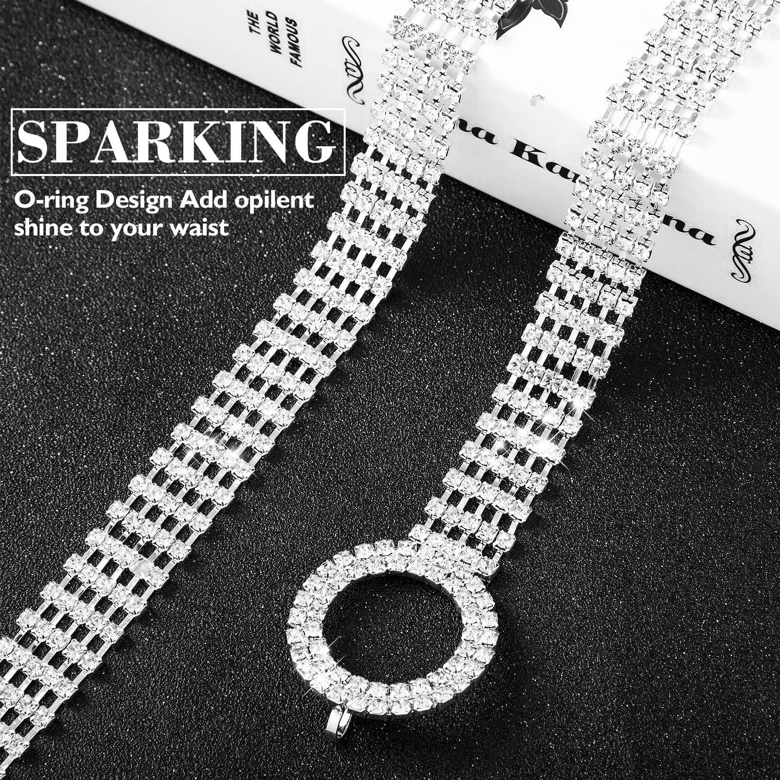 Vabean 2 Pieces Women Rhinestone Belt Shiny Diamond Crystal Ladies Single O Ring Square Ring Waist Belt for Jeans Dresses (Silver, 47 Inch)