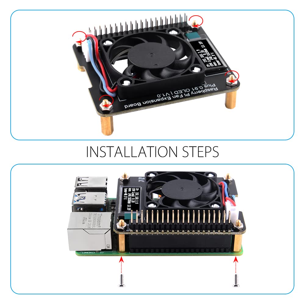 GeeekPi Fan Hat for Raspberry Pi 4 Model B, PWM Fan GPIO Expansion Board with 0.91inch OLED Display for Raspberry Pi 4B/3B+/3B/2B