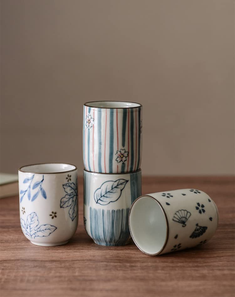 Caalio Japanese Retro Porcelain Tea Cups, for Matcha Coffee Hot Green Tea, Chinese Tea, Mino ware, Compact Cup, Diameter 2.3 inches x height 2.9 inches, 5fl oz/150ml - Folding Fan
