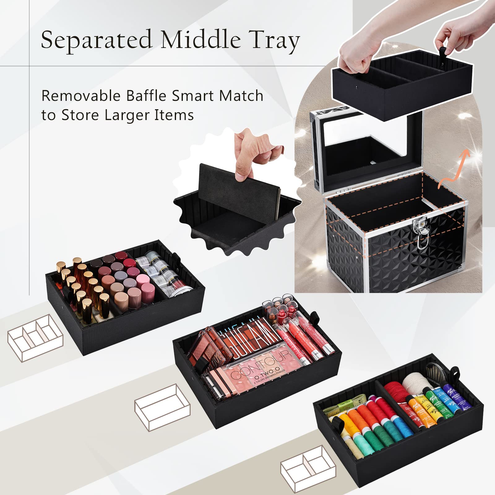 Costravio Makeup Train Case Travel Organizer Case Professional Cosmetic Storage Box with Divider Tray Mirror Portable Cosmetology Sewing Box for Makeup Artist Nail Tech Kits Crafters Train Case Black