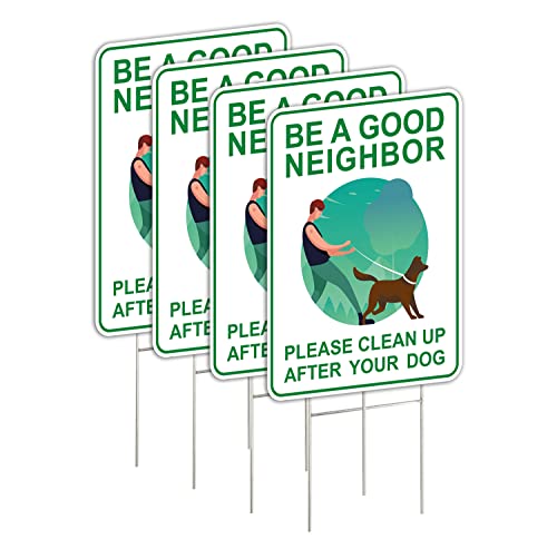 Clean Up After Your Dog Signs (4 Pack, 9 x 12") With Metal H-Stakes, Double Sided,No Dog Poop Lawn Signs,Outdoor & Sturdy
