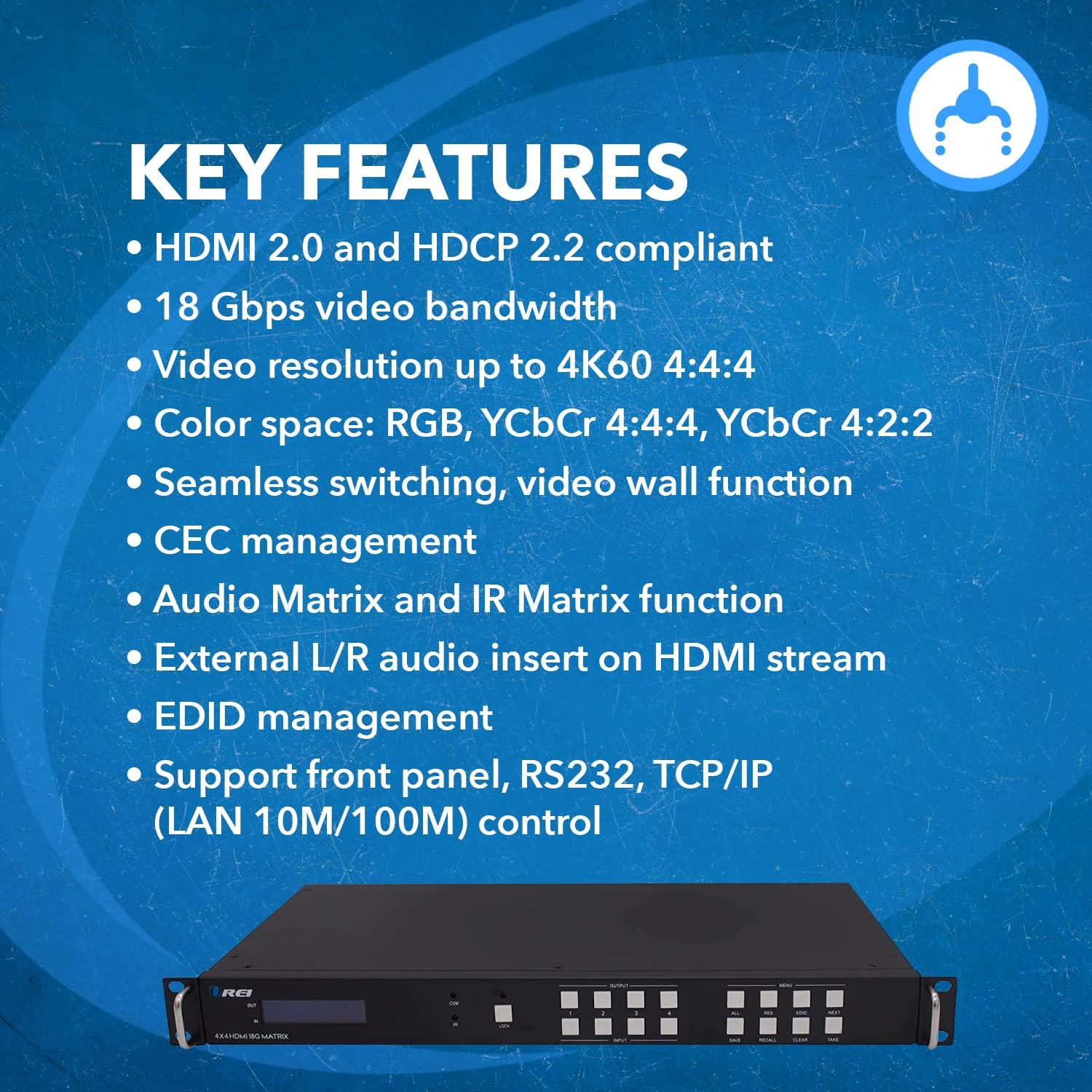 OREI Professional 4K 4X4 HDMI Matrix Video Wall, Seamless Switching HDCP 2.2 UltraHD 4K @ 60Hz 4:4:4 Switcher & IR Control, Audio Extract, RS-232 - Zero Latency 4 Displays 2x2 Video Wall @ 1080P