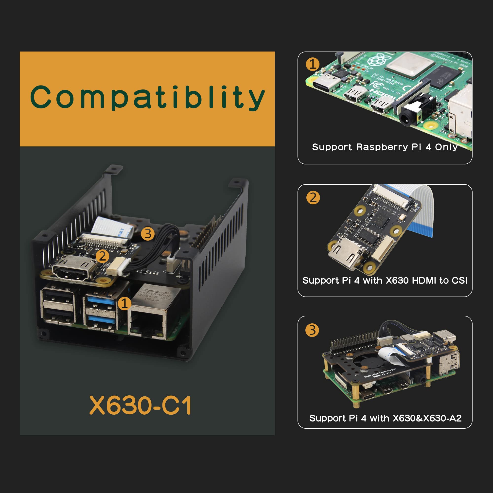 Geekworm X630-C1 Metal Case with Cooling Fan and 3pcs Aluminum Heatsink for Raspberry Pi 4 & X630 Only(Not Support C779/C790)