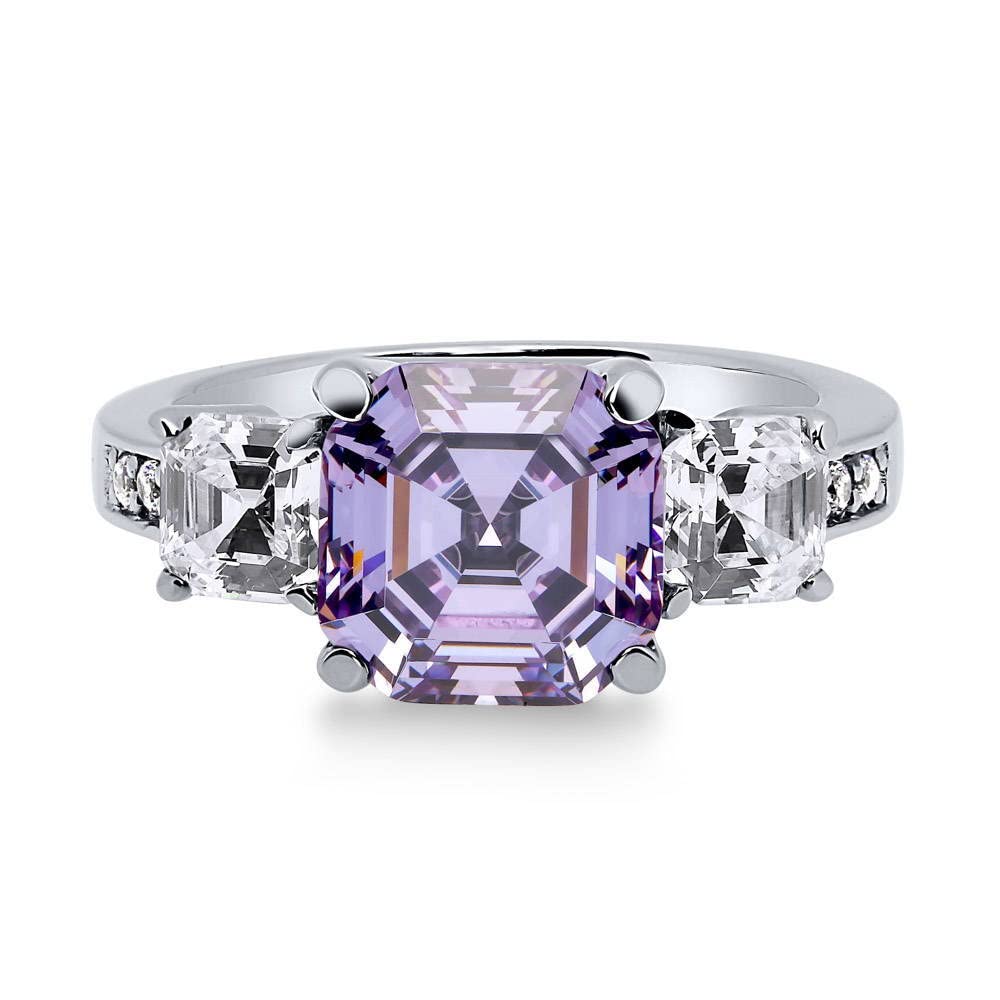 BERRICLE Sterling Silver 3-Stone Wedding Engagement Rings Purple Asscher Cut Cubic Zirconia CZ Statement Cocktail Anniversary Ring for Women, Rhodium Plated Size 4