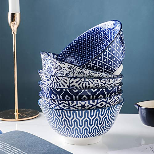 Selamica Blue and White Porcelain 20oz Cereal Bowl Set - Set of 6, 6 inch Soup Bowls, Ceramic bowls for Cereal, Soup, Salad and Pasta, Vintage Blue, Gift Pack