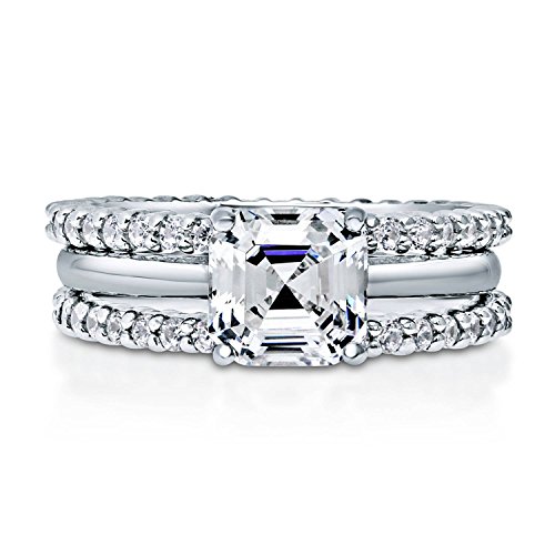 BERRICLE Sterling Silver Solitaire Wedding Engagement Rings 2 Carat Asscher Cut Cubic Zirconia CZ Ring Set for Women, Rhodium Plated Size 6