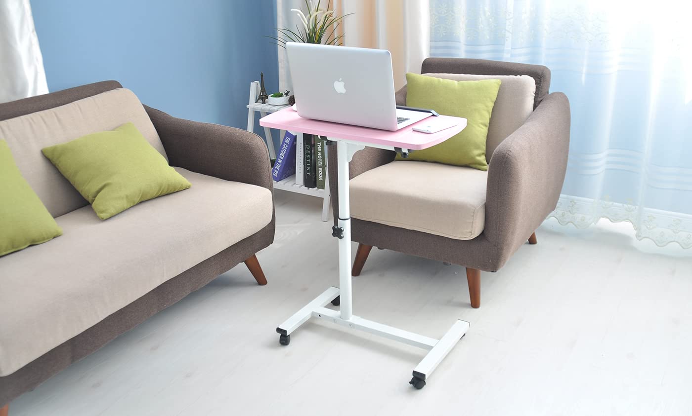 Qiveno Mobile Laptop Table, Standing Desk, Angle & Height Adjustable Rolling Laptop Desk Cart Over Bed Folding Portable Table for Hospital Home Office Pink