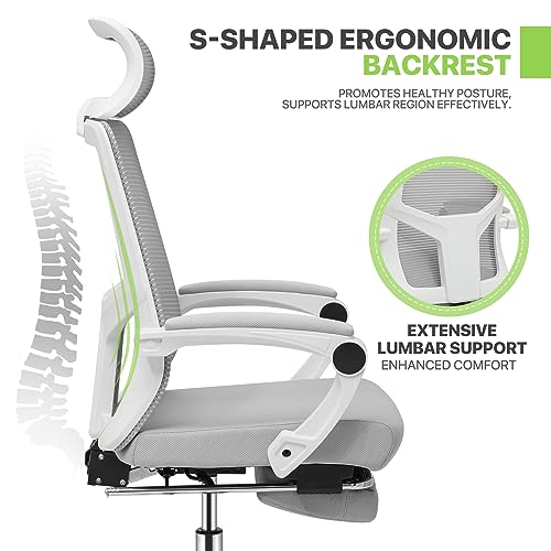 Ergonomic Office Chair with Footrest, High Back Mesh Gaming Desk Chair with Headrest, Swivel Rolling Home Chair with Lumbar Support and Flip-up Armrest, Grey