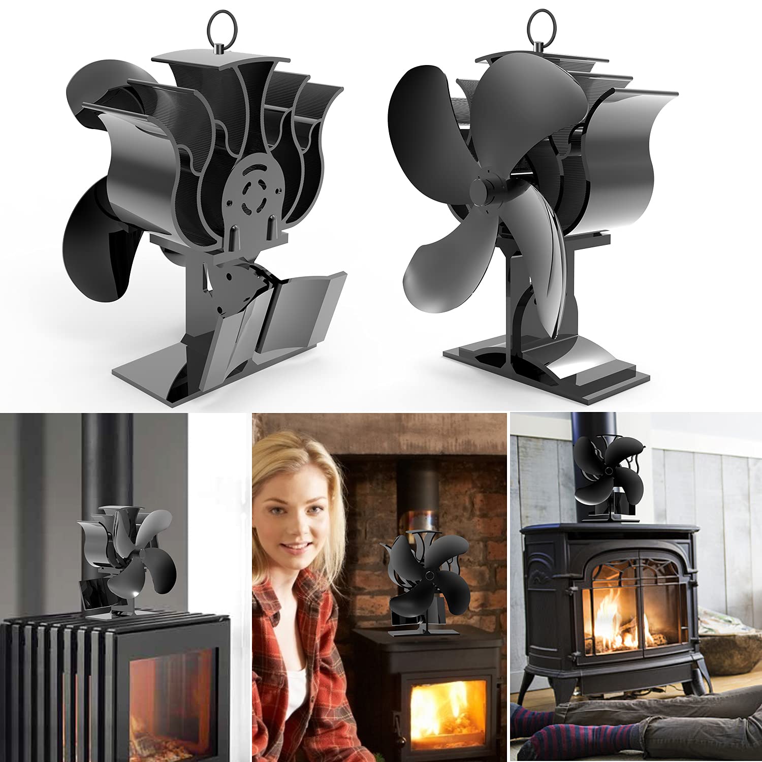 VAZILLIO Heat Powered Stove Fan Built-in Temperature Indicator 4-Blade Fireplace Fans 2 in 1 Placement Design 50℃-400℃ Fast Running Wood Stove Fan More Efficient and Silent Heat Powered Stove Fan