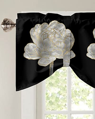 Semi Sheer Valance Adjustable Kitchen Valance for Windows, Abstract White Flower with Gold Border Black Valances for Bathroom Bedroom Living Room, Tie-up Rod Pocket Decorative Window Curtain 54"x18"