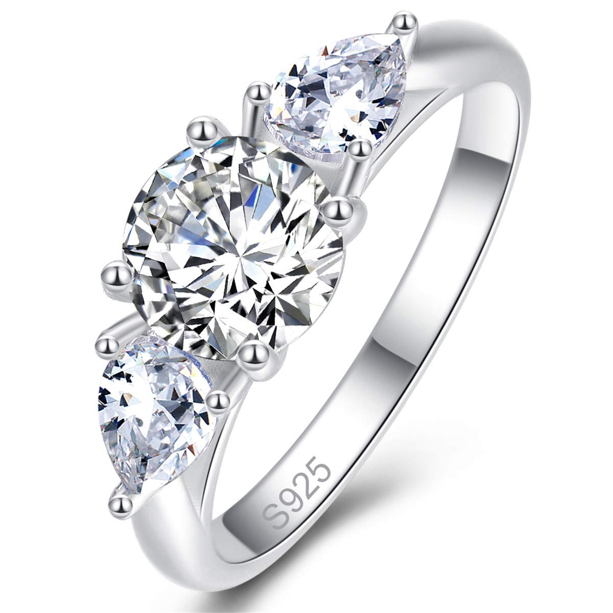 BONLAVIE 925 Sterling Silver Engagement Ring for Women Pear & Round Cut 3-Stone Ring AAA Cubic Zirconia Ring Promise Ring for Her Wedding Bands Size 7.5