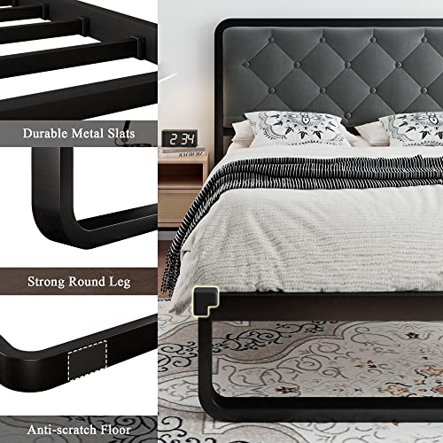 iPormis Twin Size Metal Bed Frame with Faux Leather Headboard, Curved Platform Bed Frame, Thicker Metal Steel Slats Support, 12'' Under-Bed Space, Noise-Free, Easy Assembly, Dark Gery