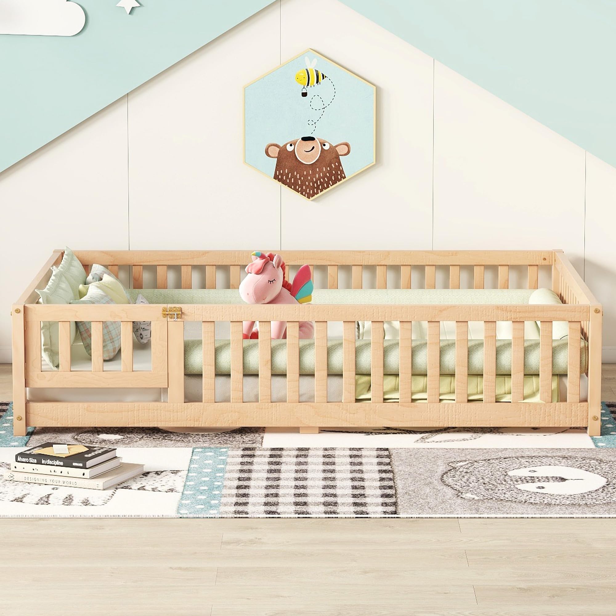 DNYN Full Size Floor Bed for Kids Bedroom,Solid Wood Bedframe w/Door/Safety Guardrails/Wood Slat Support/Easy Assemble/Space Saving Design/No Box Spring Needed, Natural