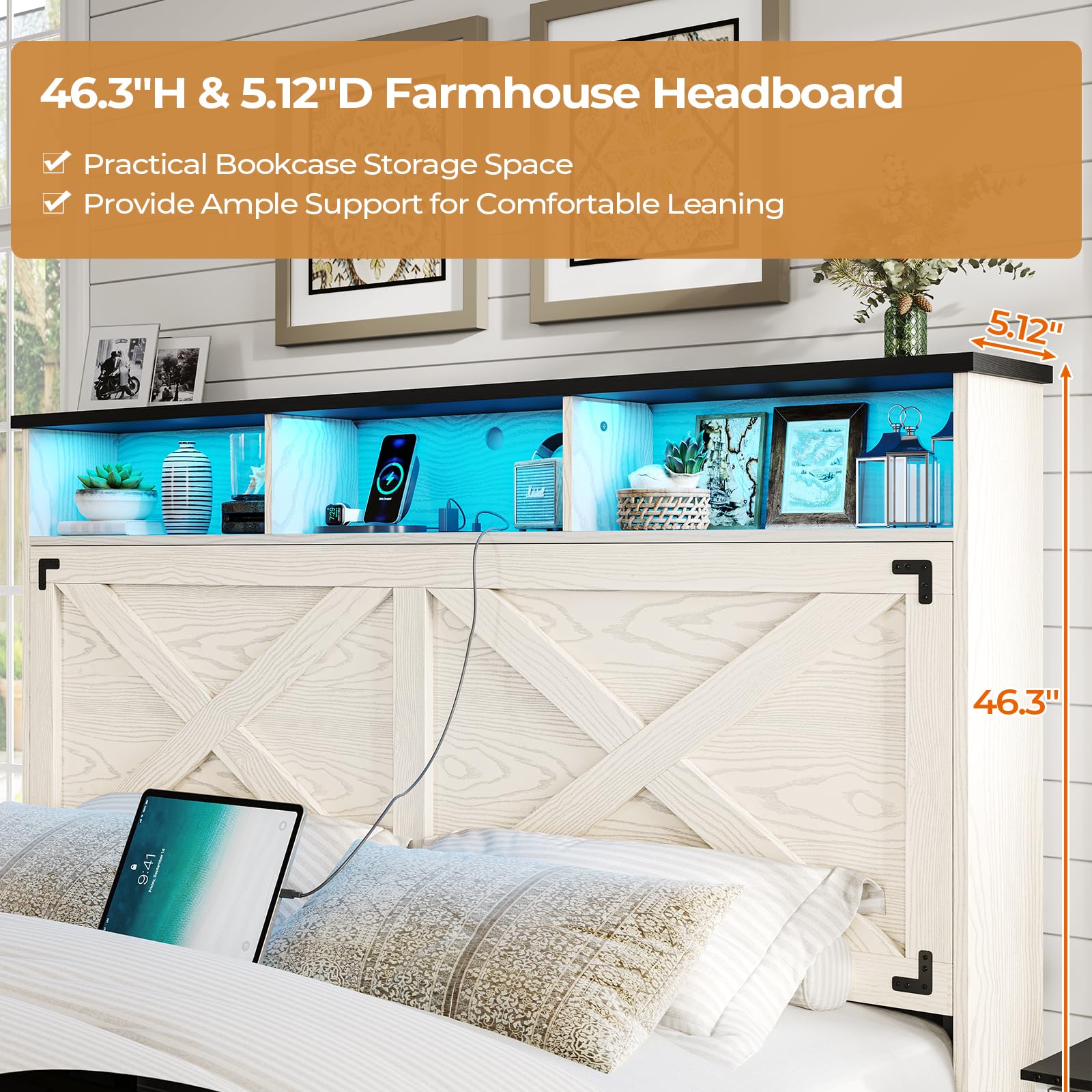 DICTAC Farmhouse Queen Bed Frame with Storage Headboard, Charging Station and LED Lights Queen Size Platform Bed Frame with Storage Ottoman, Metal Slats Support, No Box Spring Needed, Antique White