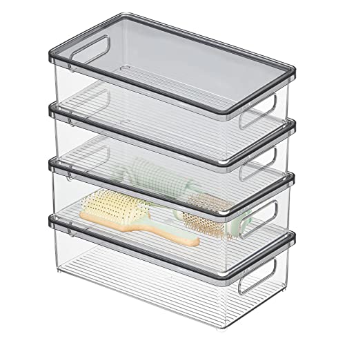 mDesign Small Plastic Stackable Bathroom Cabinet Storage Bin Box with Handles/Lid, Drawer Stacking Organizer for Soap, Lotion, Towels, and Accessories, Ligne Collection, 4 Pack, Clear/Smoke Gray, 15 x 8.5 x 4.2