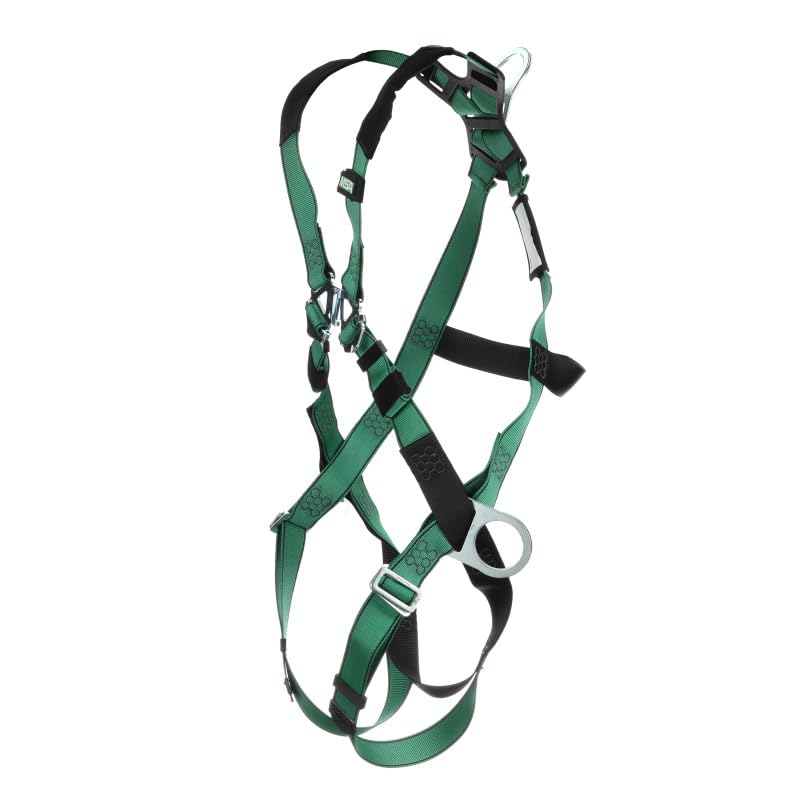 MSA 10197231 V-Form Full Body Safety Harness - Size: Extra Large, D-Ring Configuration: Back/Hip, Qwik Fit Leg Straps, Color: Green, Full Body Harness, Durable, Fall Protection
