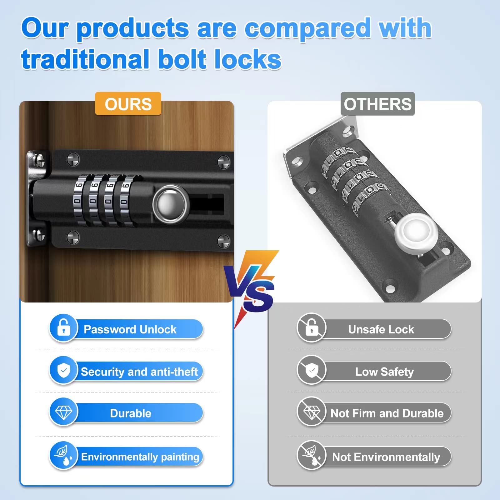 Combi Bolt Door Lock Sliding Combination Bolt Latch Keyless Combination Bolt, Weatherproof 4 Digit High Security Gate Lock for Sheds Cupboards Fences Garages