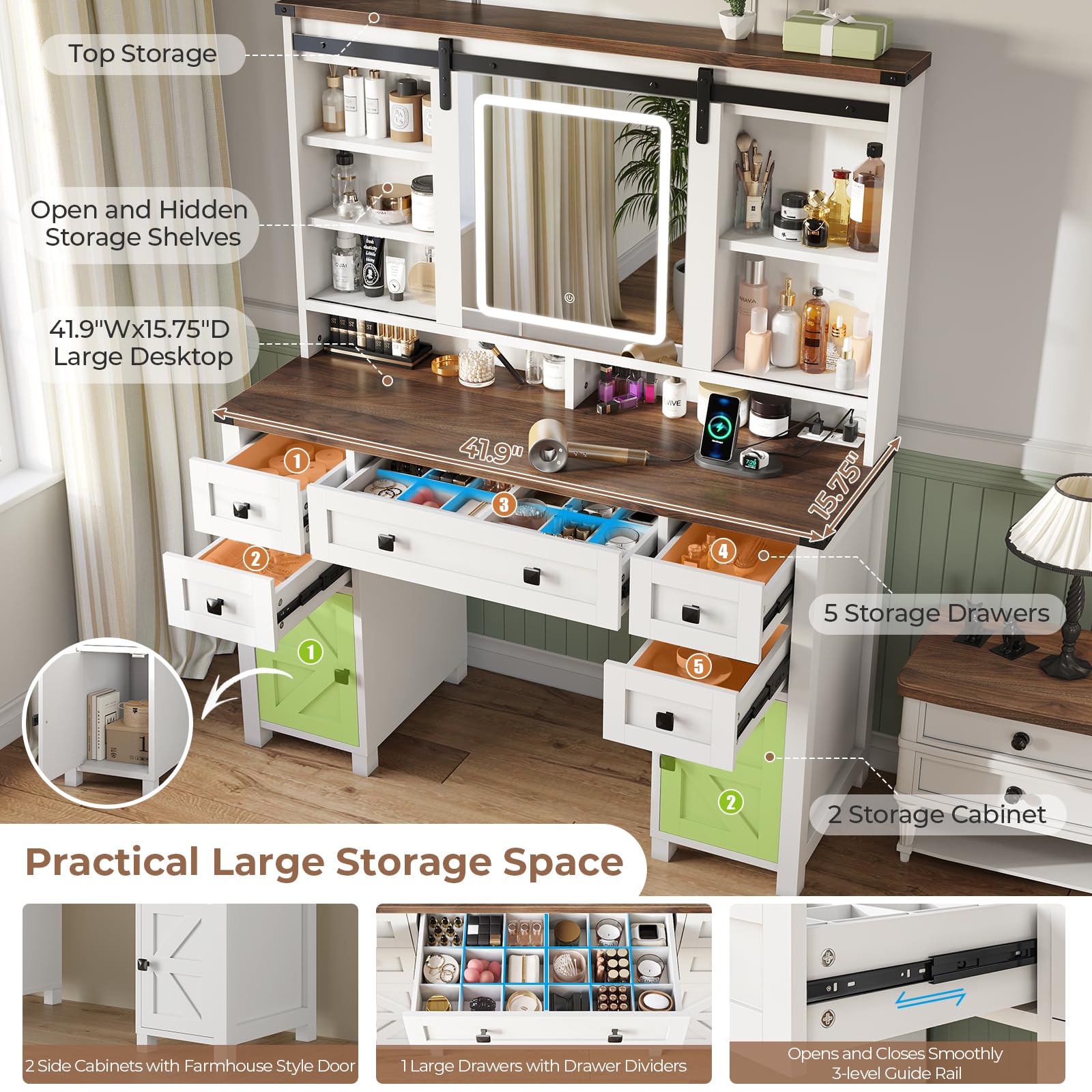 DICTAC Farmhouse Makeup Vanity Desk with Sliding Mirror and Lights Vanity Table with Charging Station,5 Drawers and 2 Cabinets Rustic Vanity Set for Bedroom with Hidden & Open Shelves,White+Walnut