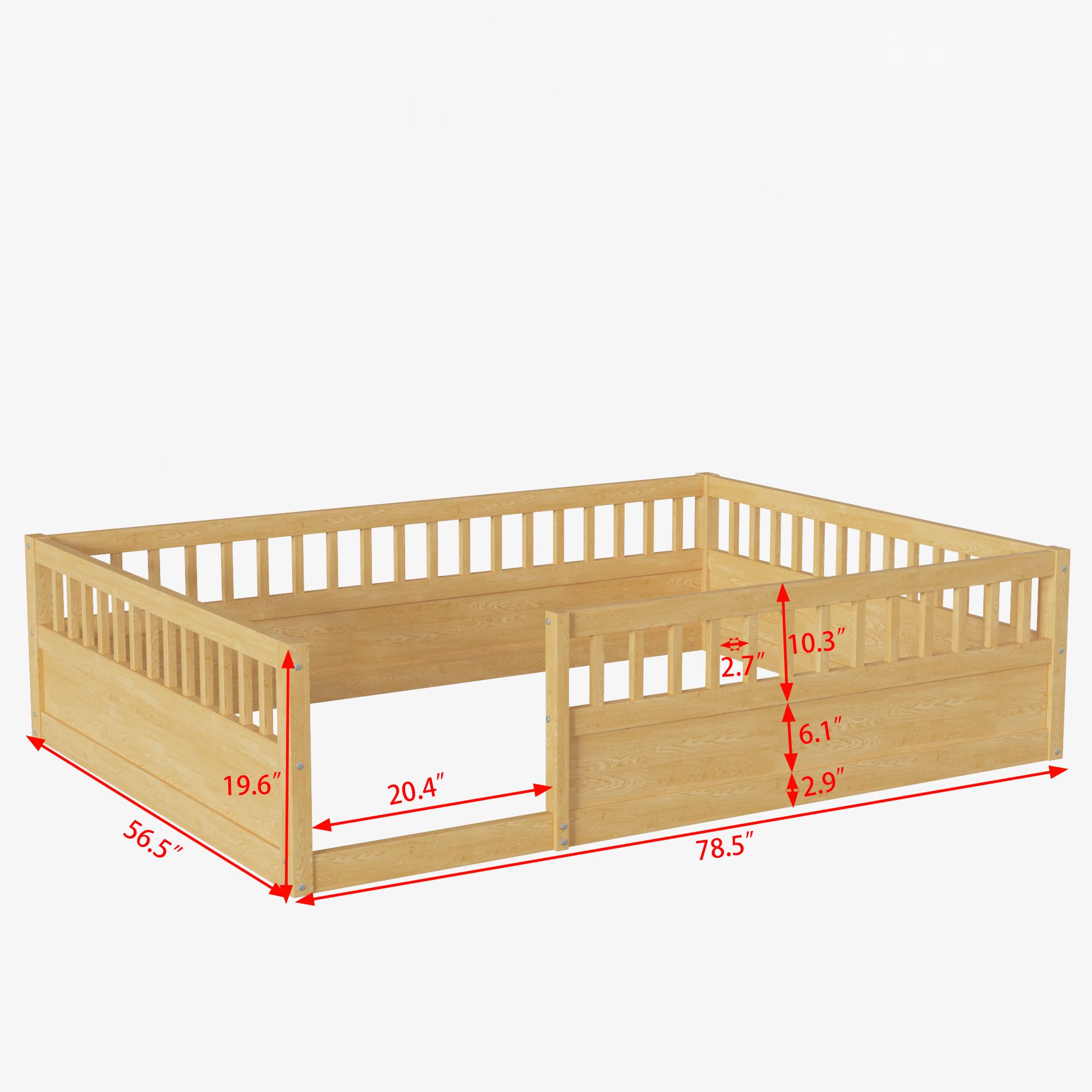 DNYN Full Size Floor Bed for Kids Bedroom,Solid Wood Bedframe w/Fence & Easy Assemble & Space Saving Design & No Box Spring Needed, Natural