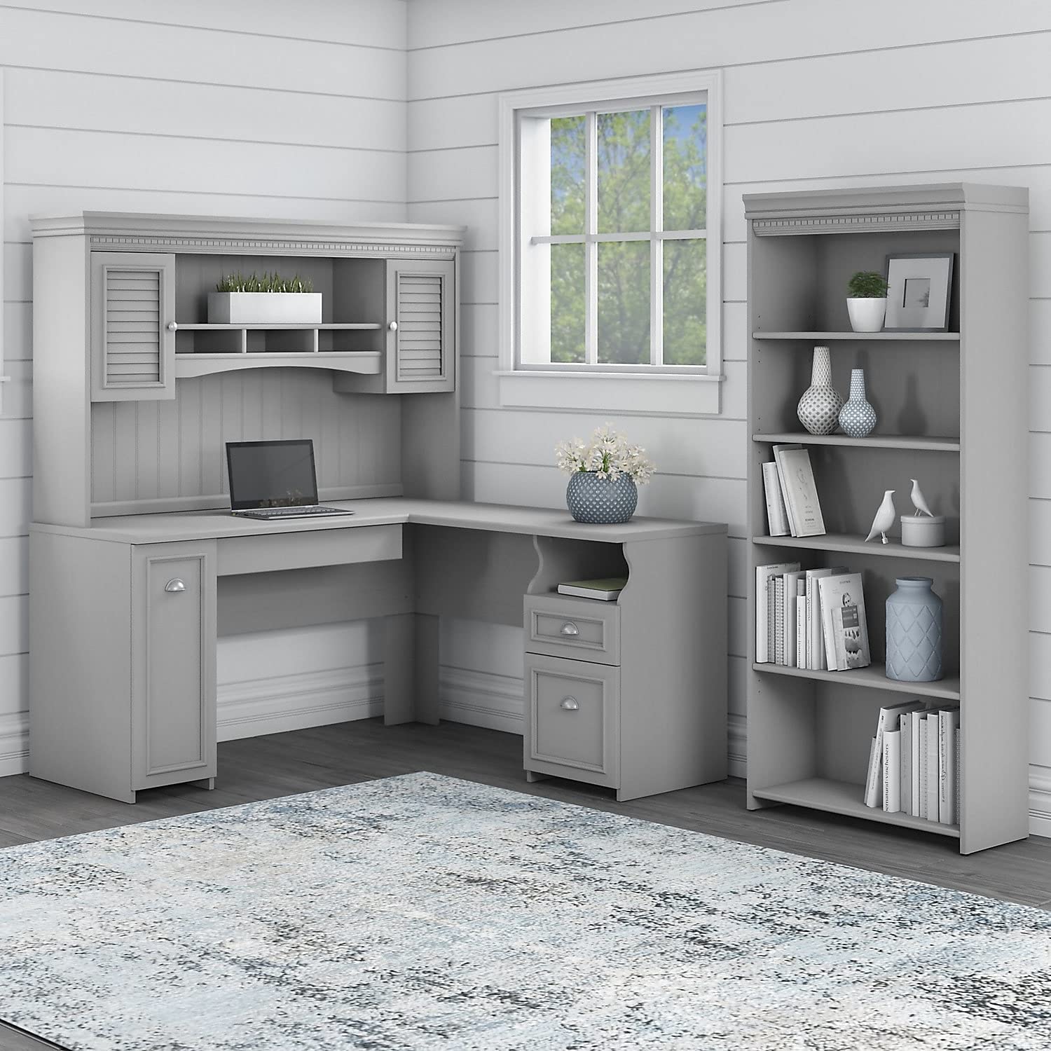 Bush Business Furniture Fairview L Shaped Desk with Hutch and 5 Shelf Bookcase, 60W, Cape Cod Gray