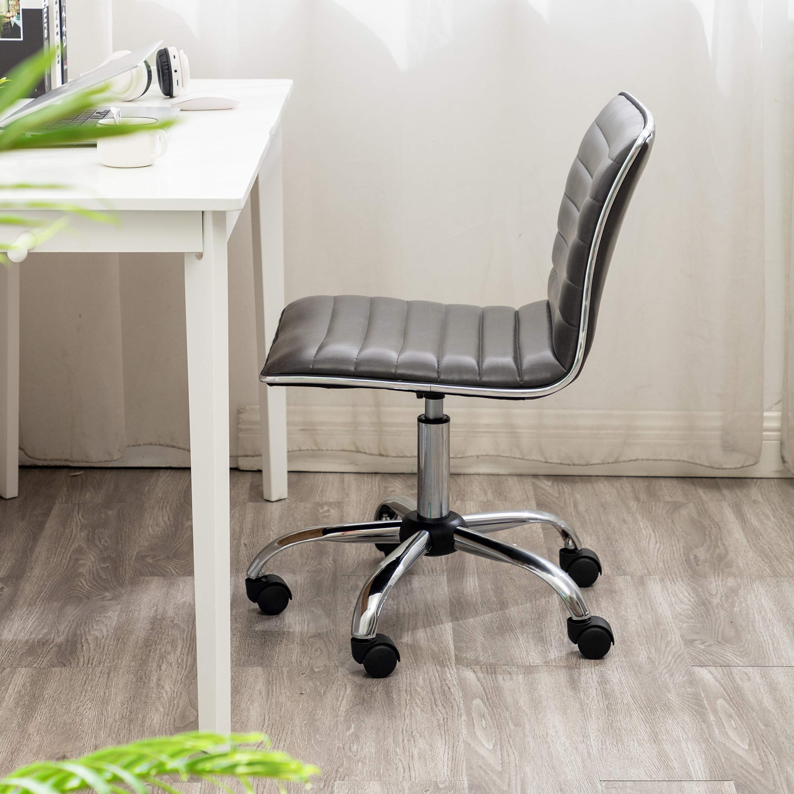 BTEXPERT Home Gray Swivel Mid Back Armless Ribbed Designer Task Faux Leather Soft Upholstery Office Chair