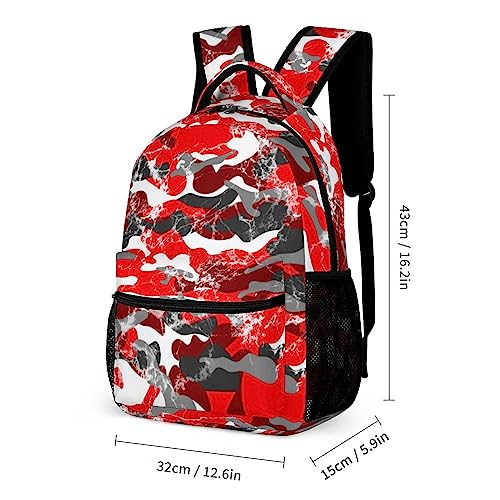 DTCCET 3PCS Classic Red Camo Backpack Set, Lightweight Camo Daypack 3D Printed Laptop Bag with Lunch Bags, Stylish Shoulders Backpack with Multiple Pockets(Red Camo)
