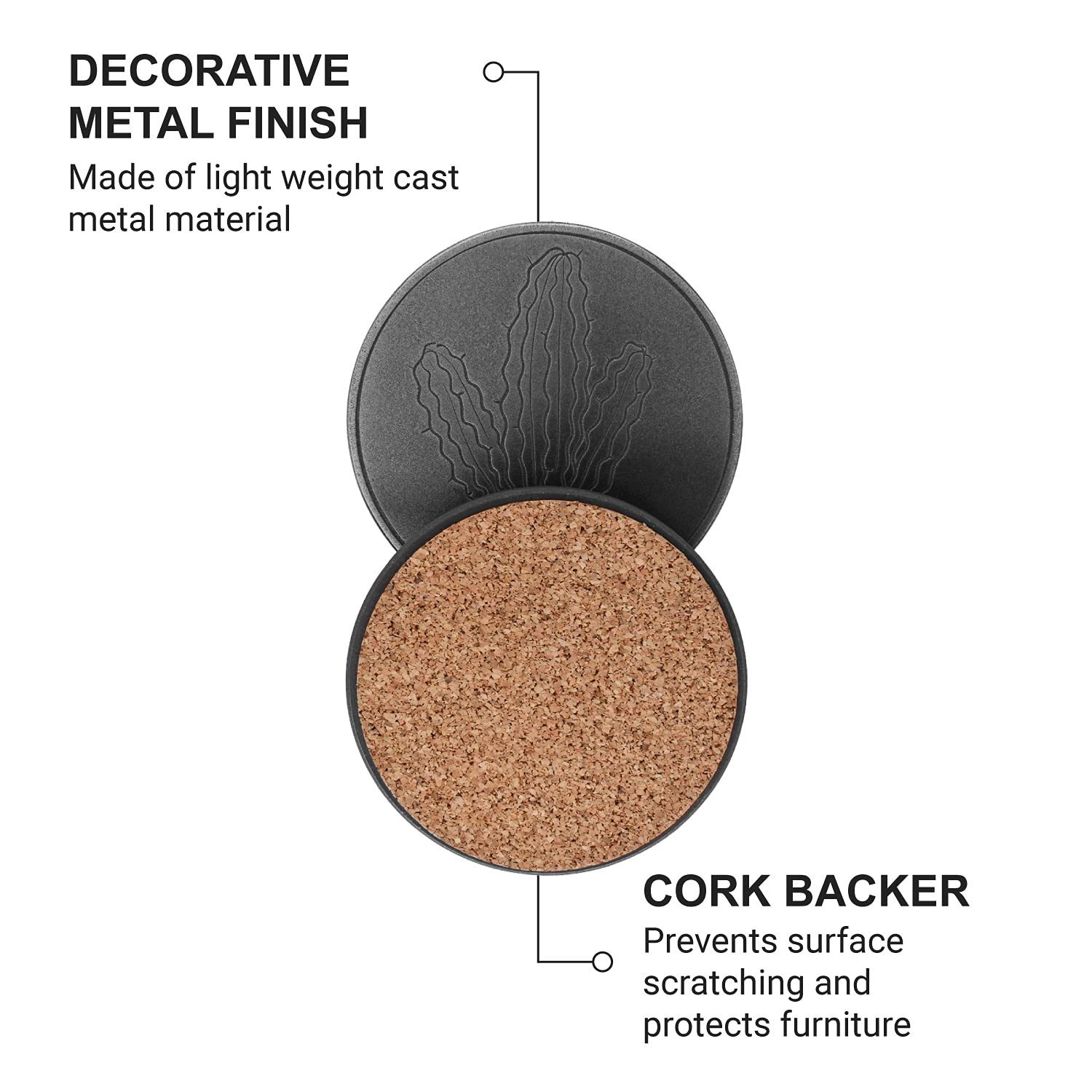 Questech Décor Coasters, Rustic Farmhouse Hosting Housewarming Gift Idea, Coasters for Coffee Table with Protective Cork Backer, Decorative Cactus Garden Design, Wrought Iron Finish, Set of 4