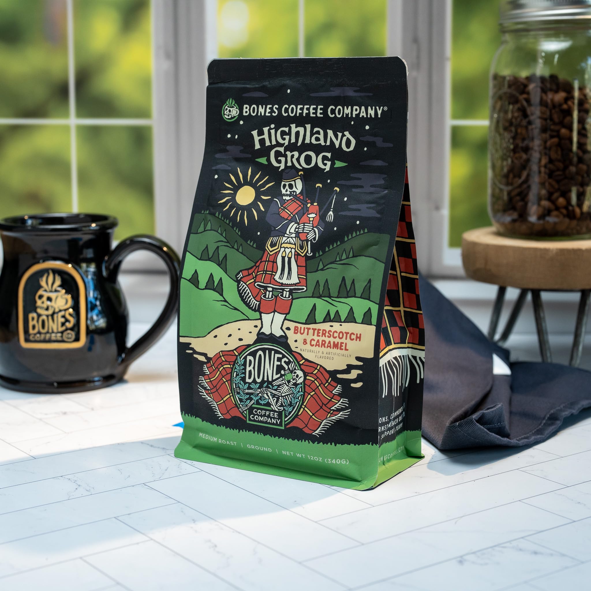 Bones Coffee Company Highland Grog Flavored Ground Coffee Beans Butterscotch Caramel Flavor | 12 oz Medium Roast Arabica Low Acid Coffee | Gourmet Coffee (Ground)