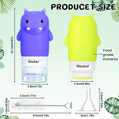 Meanplan 9 Pcs 6 Silicone Condiment Squeeze Bottles Squeeze Salad Dressing Bottles Portable Sauce Bottle Leak Proof Food Storage Bottles with Cleaning Brush Label Sticker Funnels for Lunch (Devil)