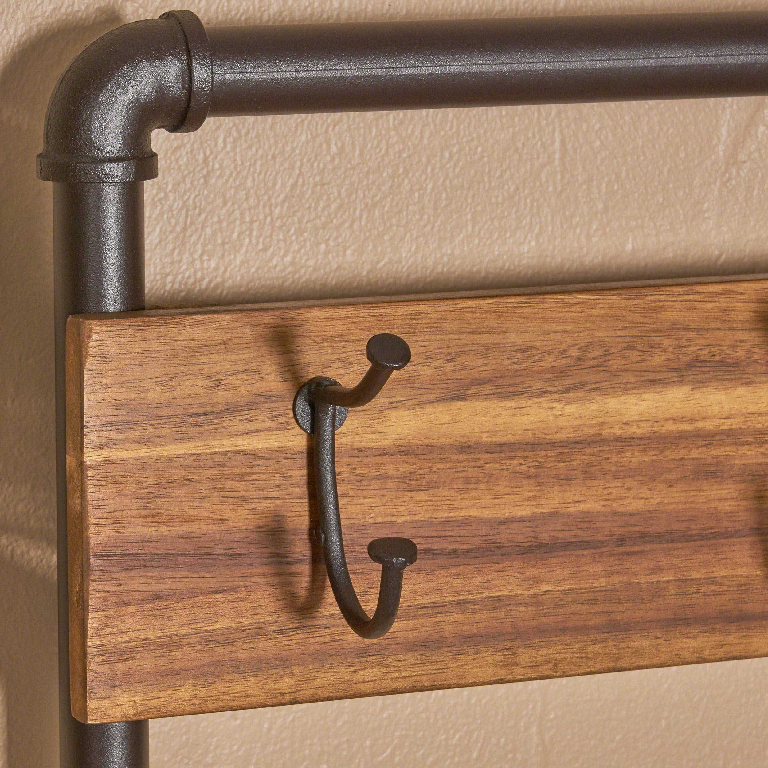 GDFStudio Outdoor Industrial Acacia Wood Bench with Shelf and Coat Hooks, Teak Finish