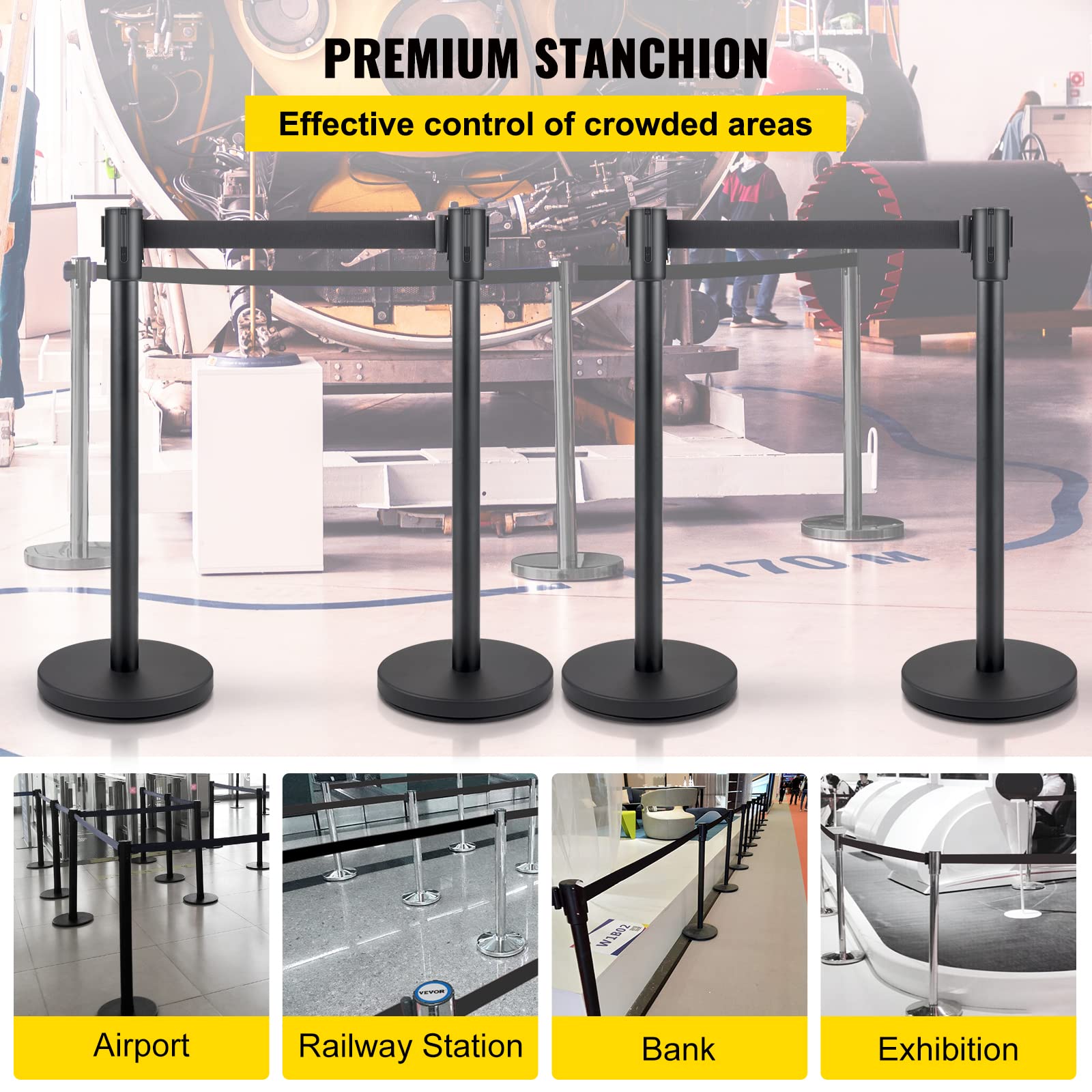 VEVOR Crowd Control Stanchion, Set of 4 Pieces Stanchion Set, Stanchion Set with 6.6 ft/2 m Black Retractable Belt, Black Crowd Control Barrier w/Concrete and Metal Base - Easy Connect Assembly