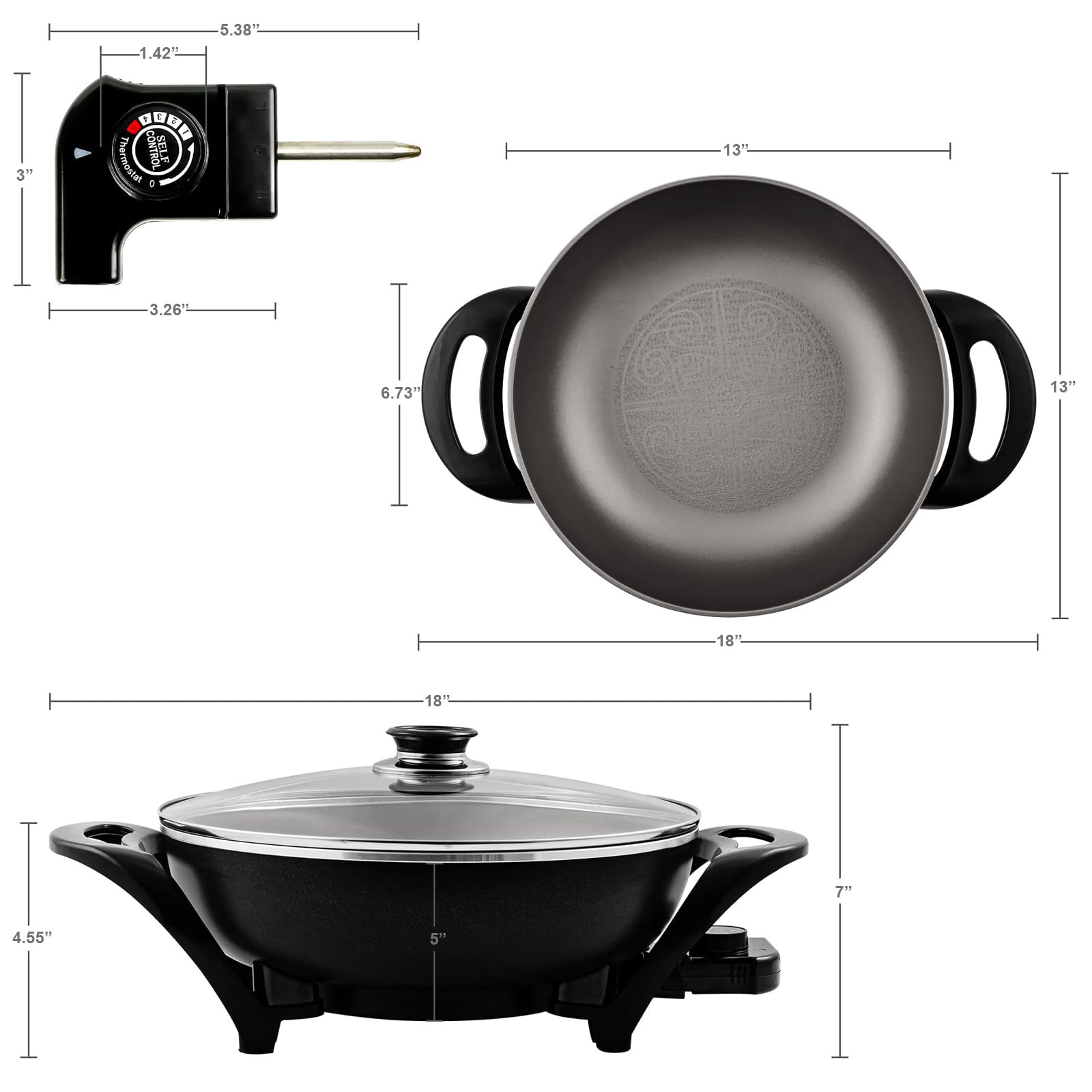 Electric Wok With Lid Nonstick - Electric Skillet Serves For 6 People, Portable Countertop Cooking Wok, 5-Dial Temperature Control, 13inch, Black