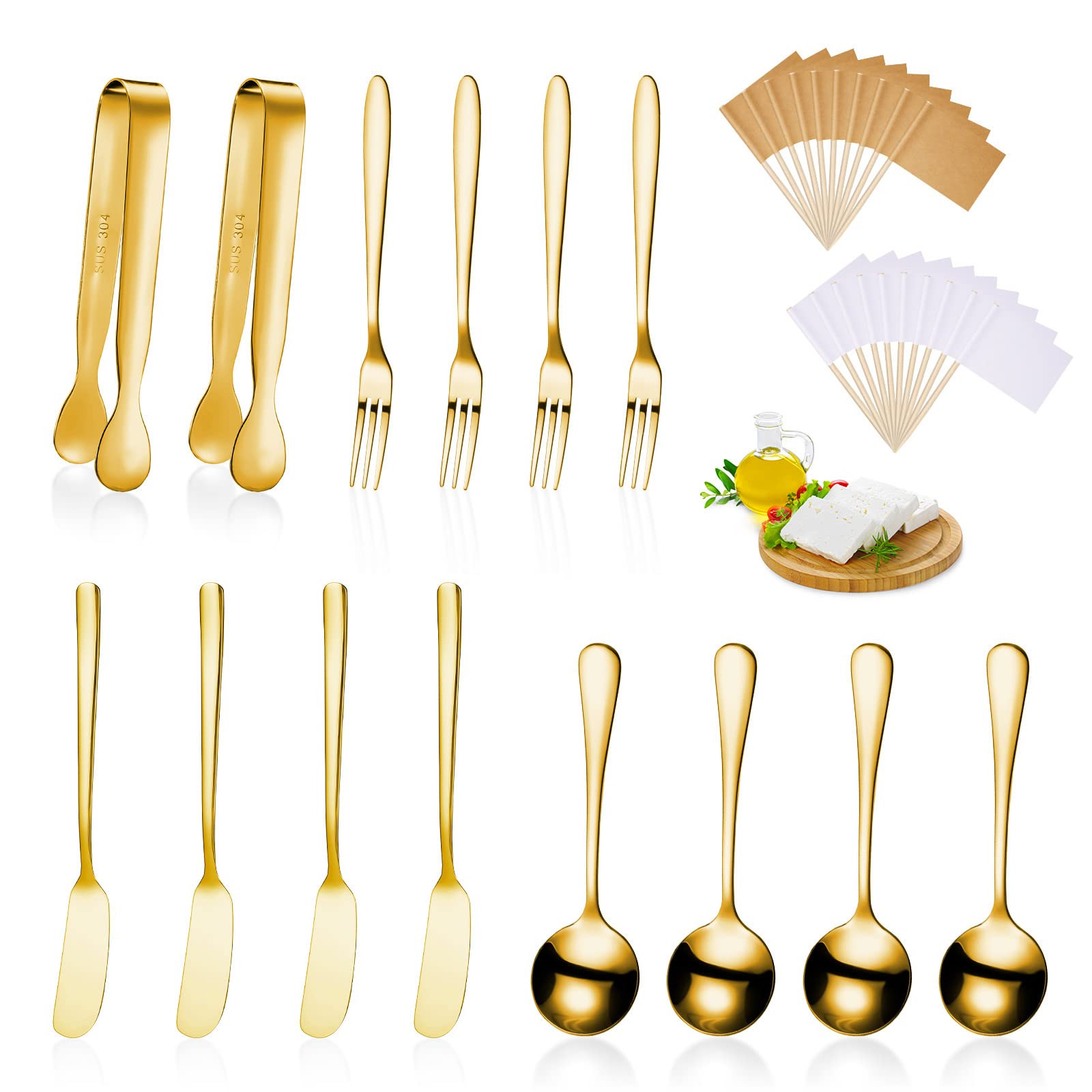 Cheese Butter Spreader Knives Set Charcuterie Accessories Stainless Steel Spreader Knives Charcuterie Boards Utensils Mini Serving Tongs Spoons and Forks for Pastry Making (Golden)