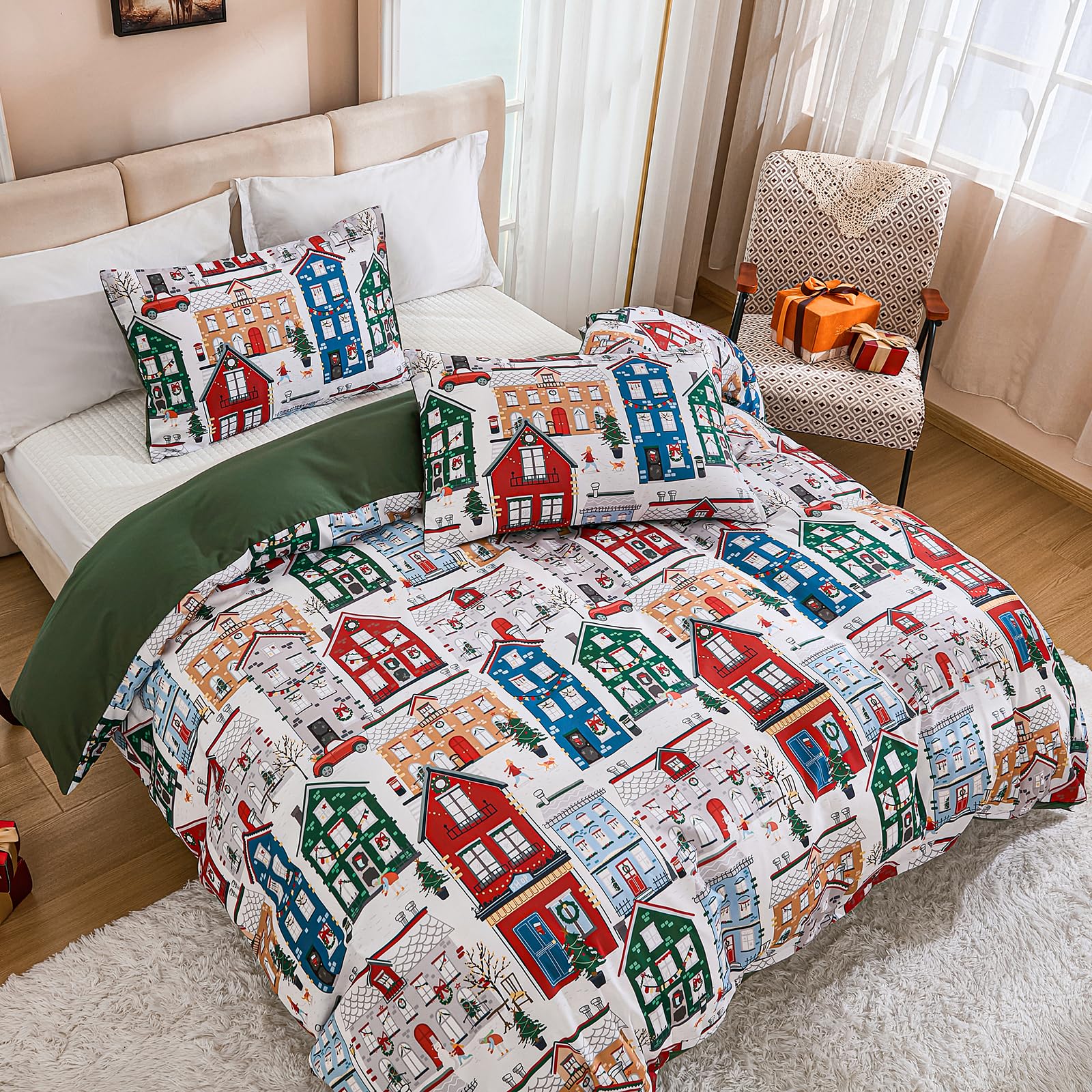 Dobuyly White Christmas Duvet Cover Queen, Blue Red Christmas Tree Pattern Duvet Cover Set, Soft Microfiber Pine Christmas Bedding Set Queen Size Includes 1 Duvet Cover and 2 Pillow Shams