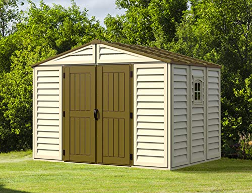 Duramax 0638801402145 Woodbridge Plus 10.5 x 8 Plastic Garden Shed with Foundation Kit & Fixed Window Brown-15 Years Warranty, 10x8, Brown & Ivory