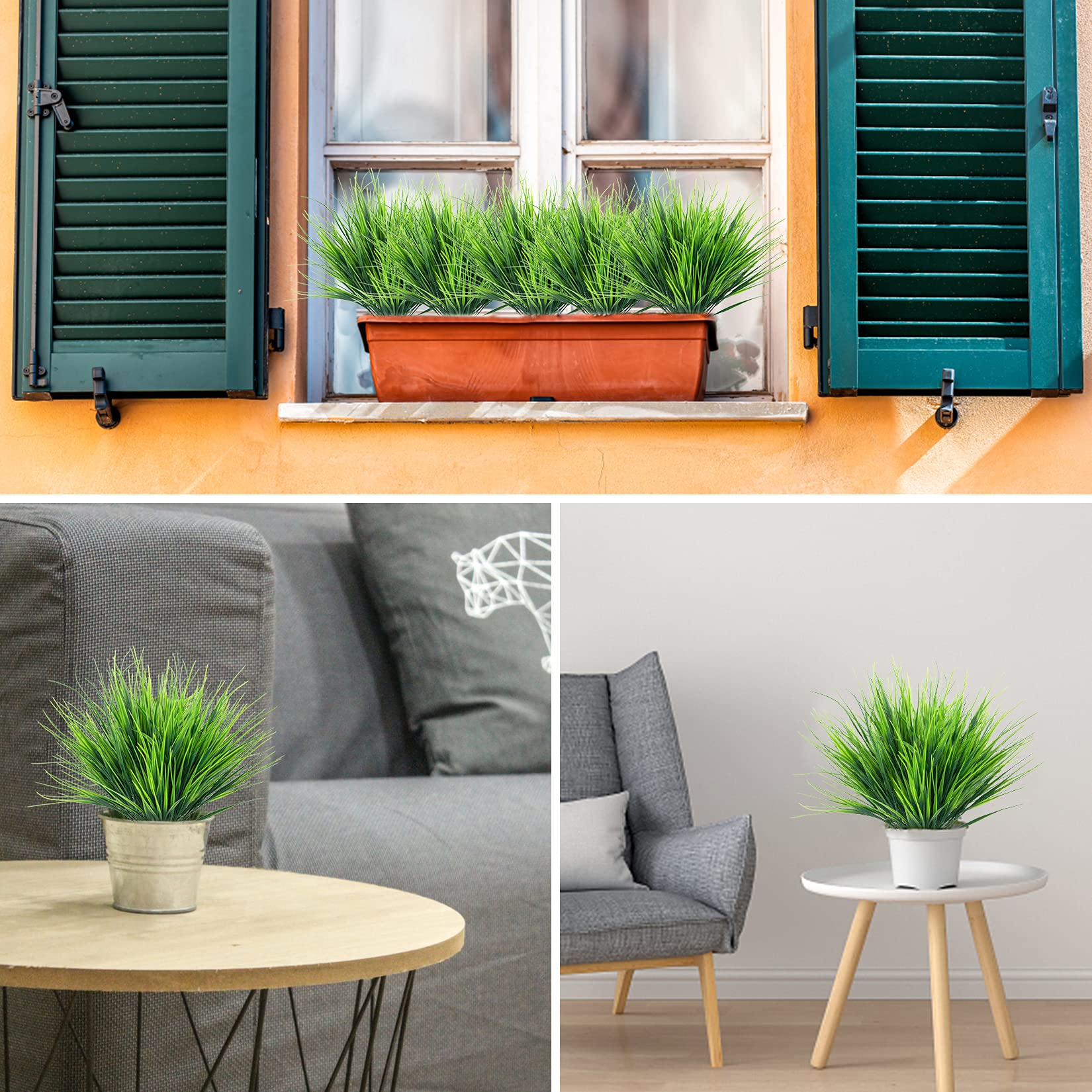 Ouddy Decor Artificial Wheat Grass Fake Plants Outdoor UV Resistant Greenery Stems Plastic Shrubs for Patio Garden Farmhouse Front Porch Window Box Home Decor, 10 Bundles