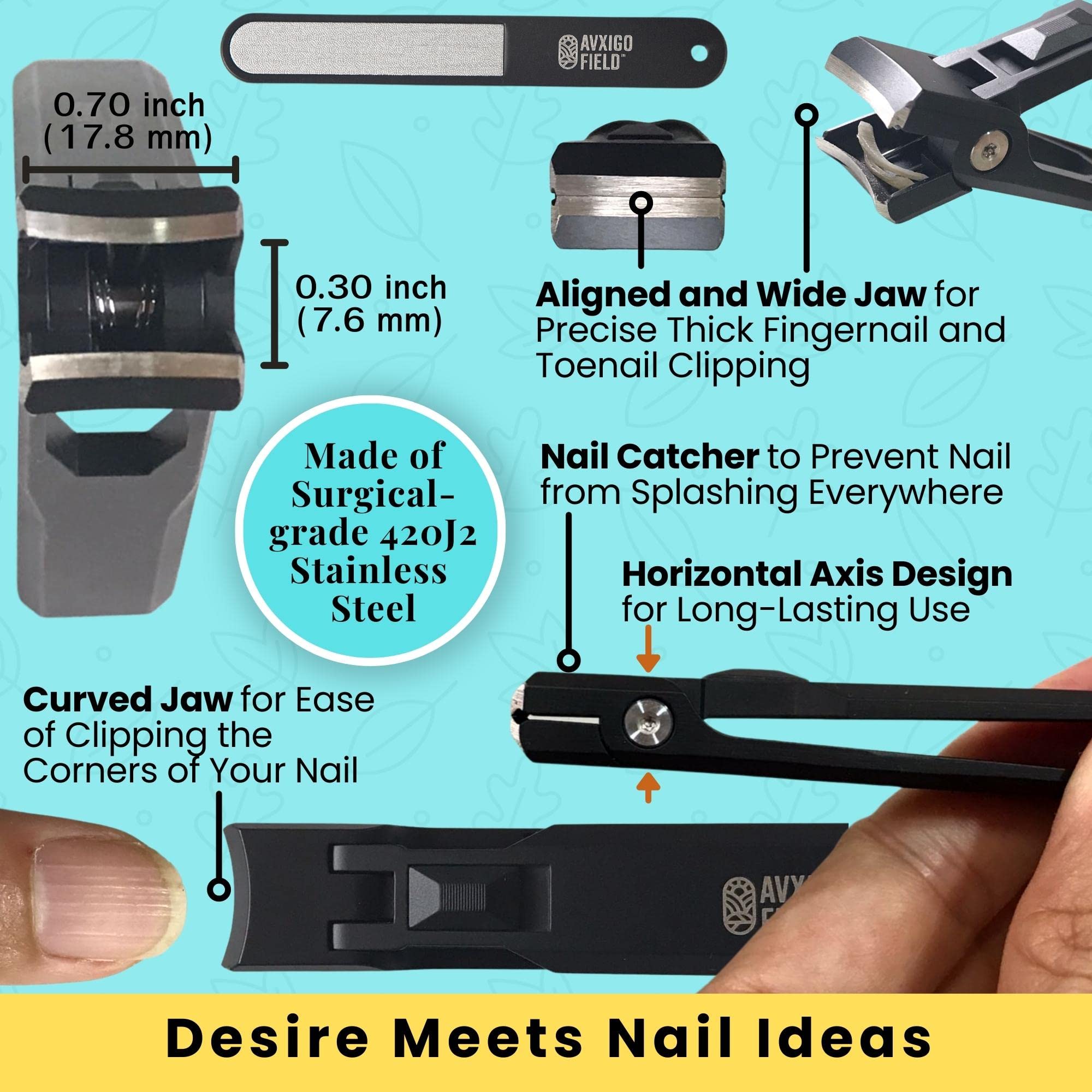 AVXIGO FIELD Ultra Sharp Sturdy Nail Clipper w/Catcher & Safety Lock, Wide Jaw Opening Curved Blade, Thick Fingernail Toenail Cutter - Comes w/Nail File, Microfiber Cloth & PU Leather Case (Black)
